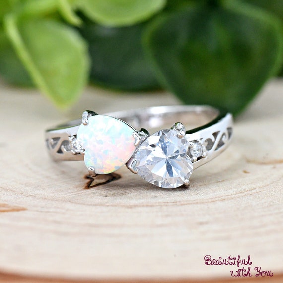 Double Heart White Opal and Clear CZ Sterling Silver Filigree Pattern Sides Ring Opal and April Birthstone Heart Ring Gift for Her Etsy
