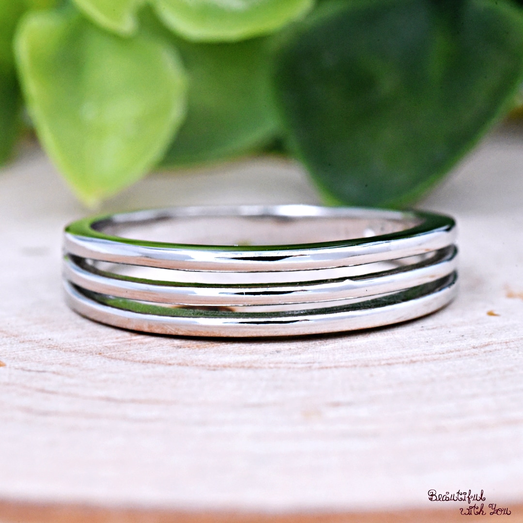 Multi Layered Three Line Ring, Triple Lines Layer Ring, Silver, Solid ...