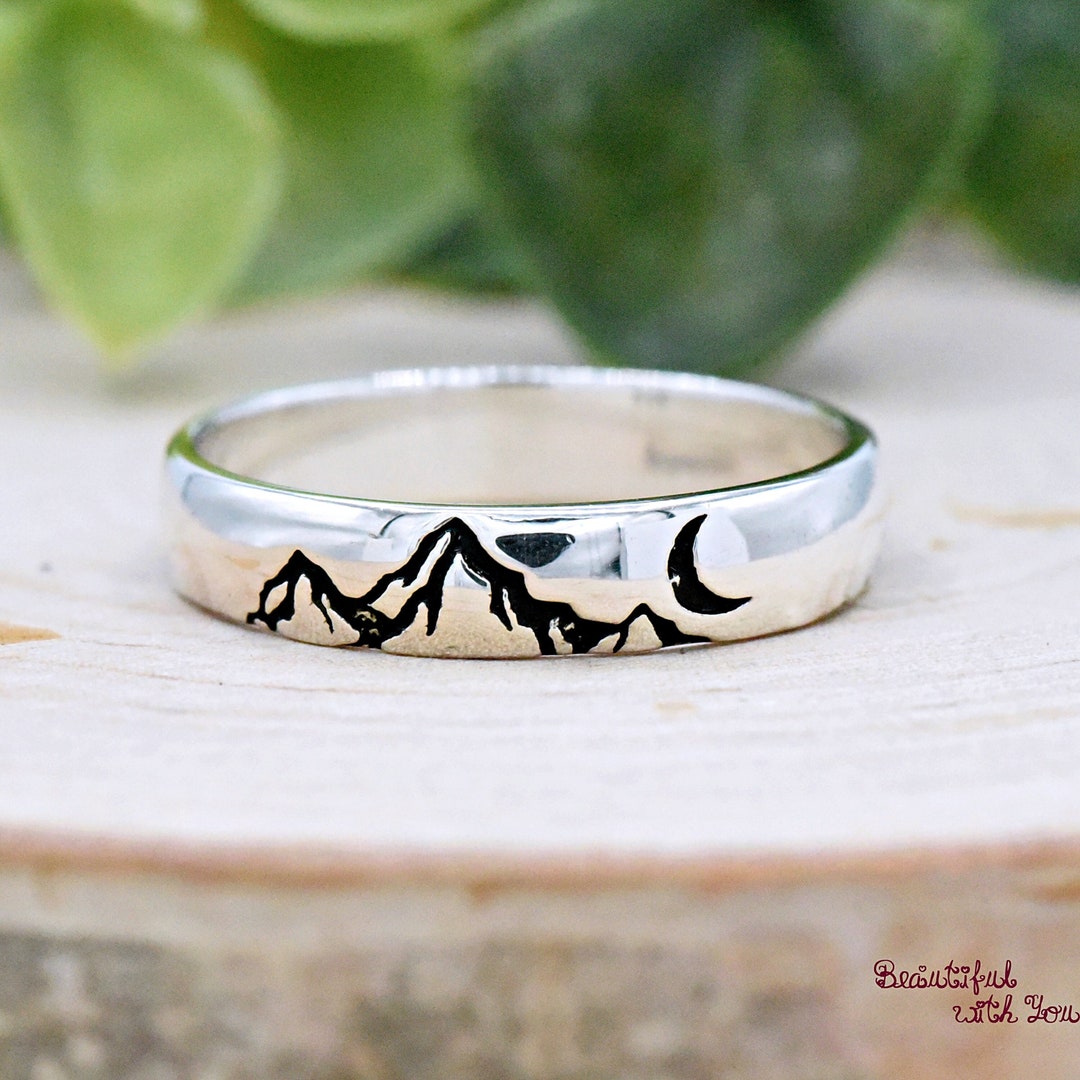 Mountain & Crescent Moon Engraved 4mm Solid 925 Sterling Silver Band ...
