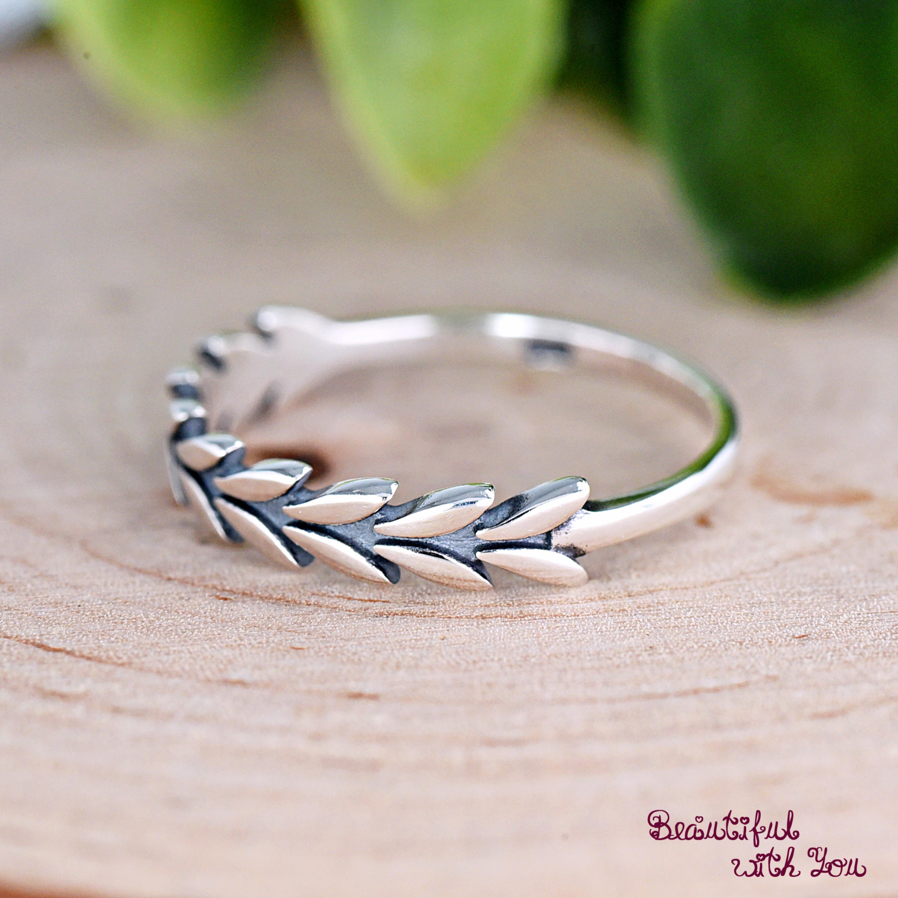 Sterling Silver Leaf Ring, Laurel Wreath Fern Leaf Half Eternity Ring ...