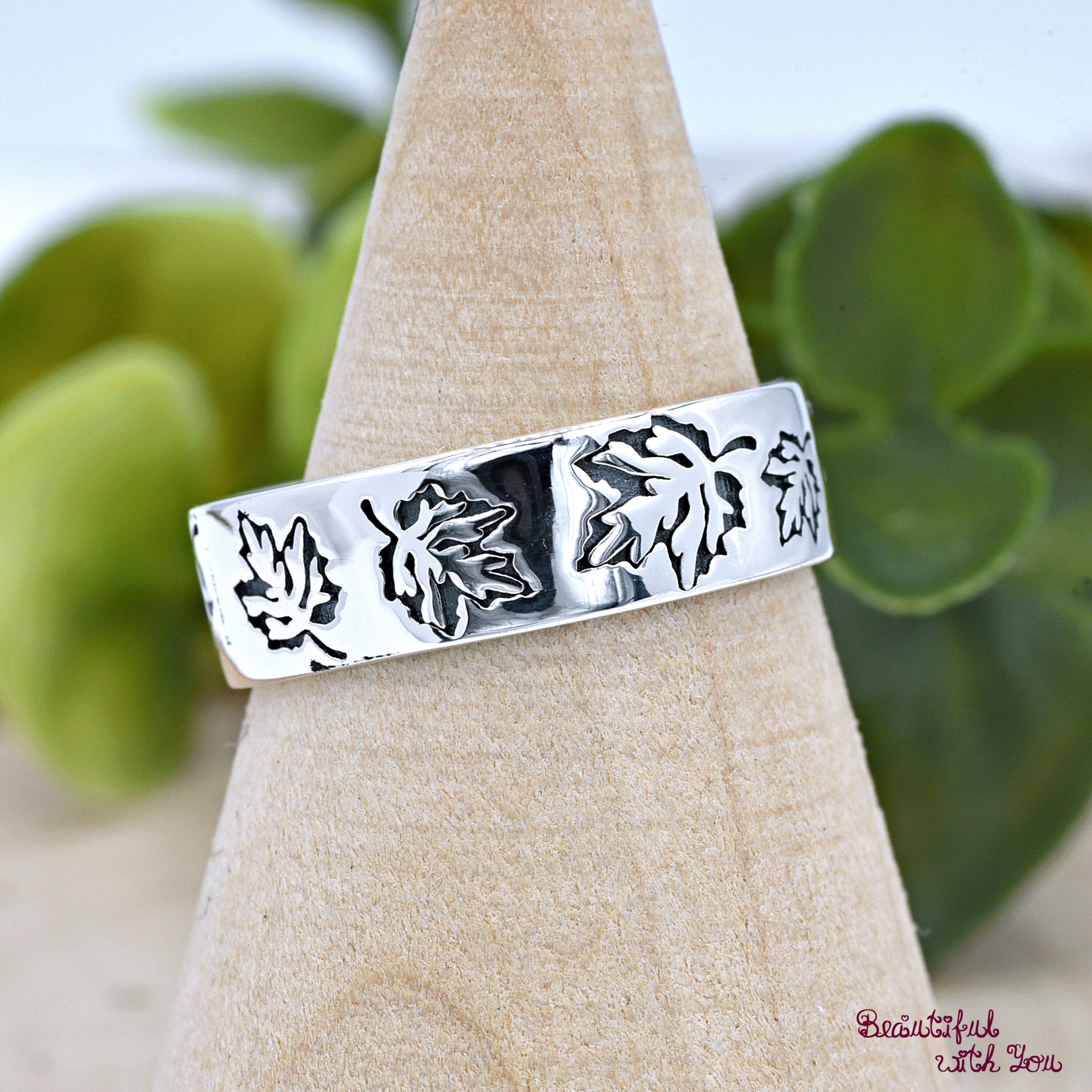 Maple Leaf Engraved Silver Band, Solid 925 Sterling Silver Autumn Leaf ...