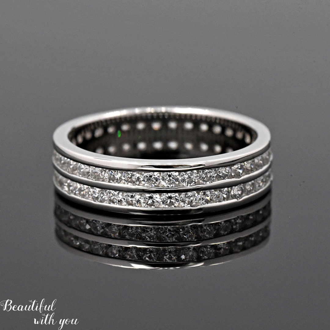 Solid 925 Sterling Silver Double Layered Full Eternity Band Channel Set ...
