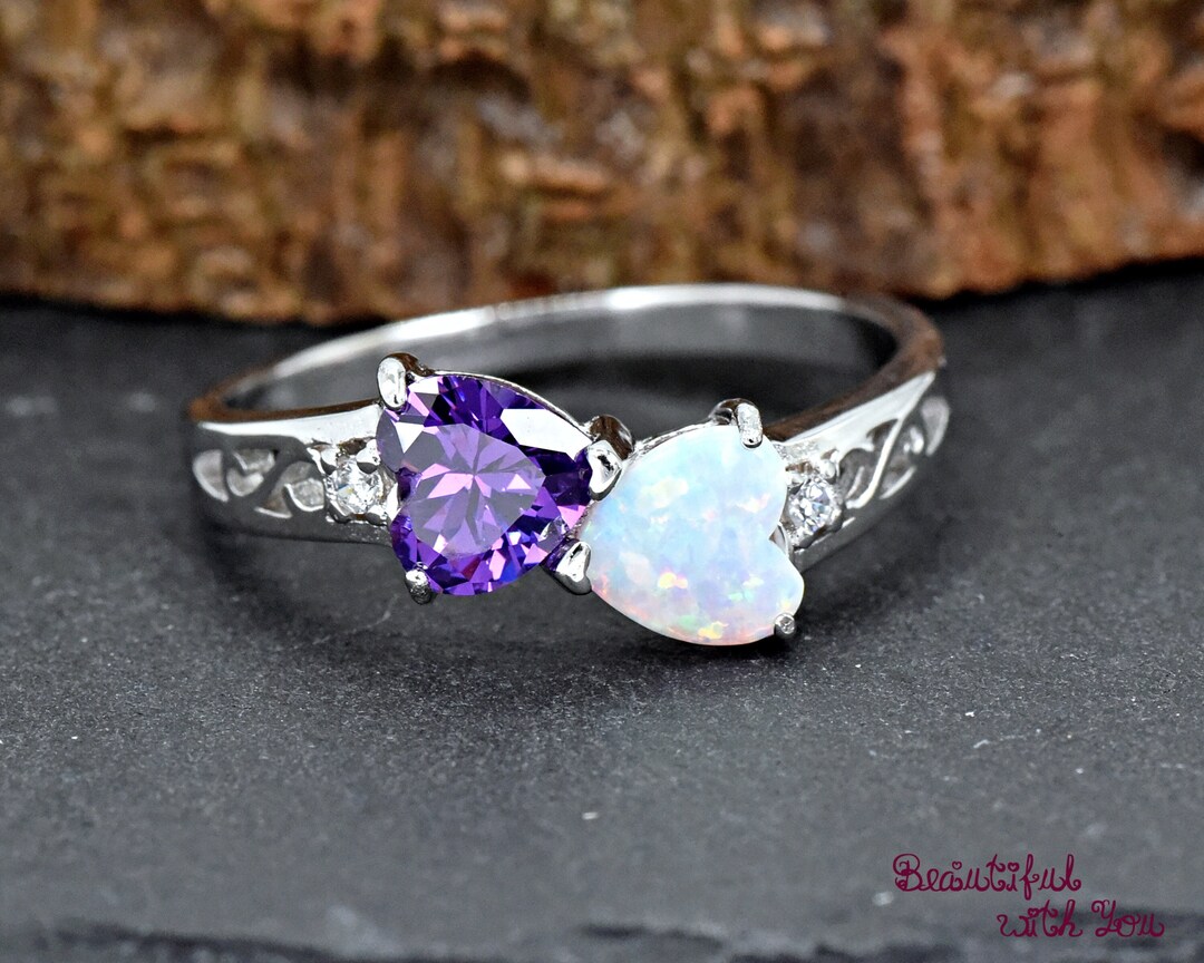Fire Opal Heart Amethyst Heart Silver Ring, Sterling Silver Lab Opal ...