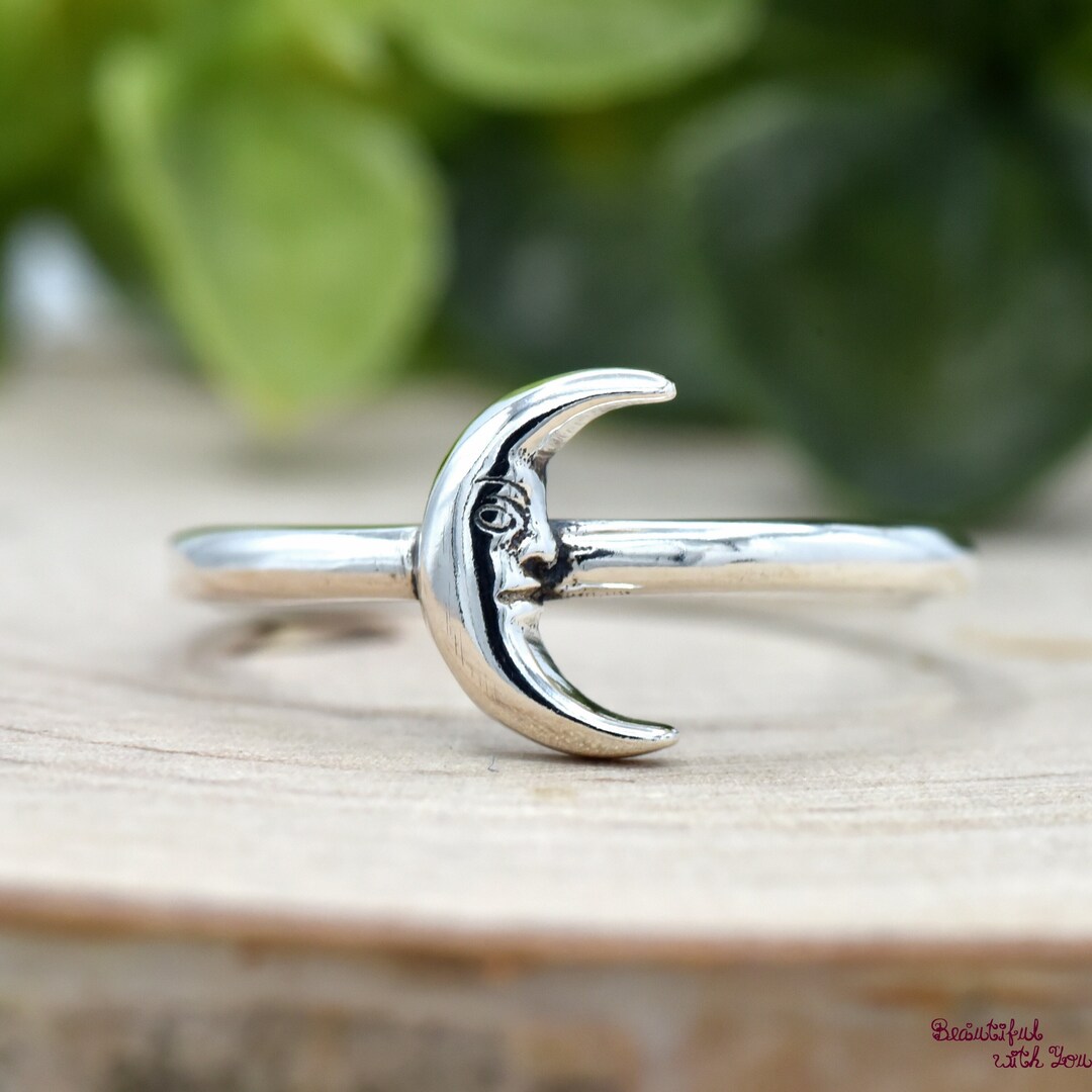 Sterling Silver Crescent Moon Face Ring, Girls Womens Moon Ring, Celtic ...
