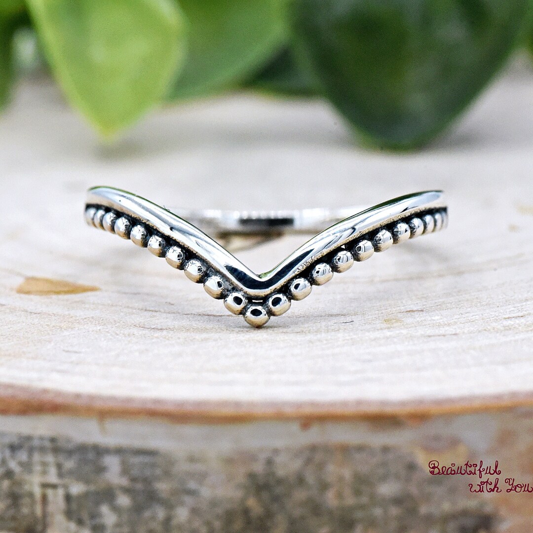 Double Layered Plain Bead Wishbone Thumb Ring, Solid 925 Sterling Silver Two Line Layered V ...