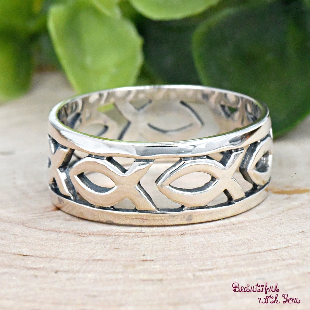 Christian Fish Ichthys Pattern Eternity Band, Fish Eternity Ring, 925 Sterling Silver Christian ...