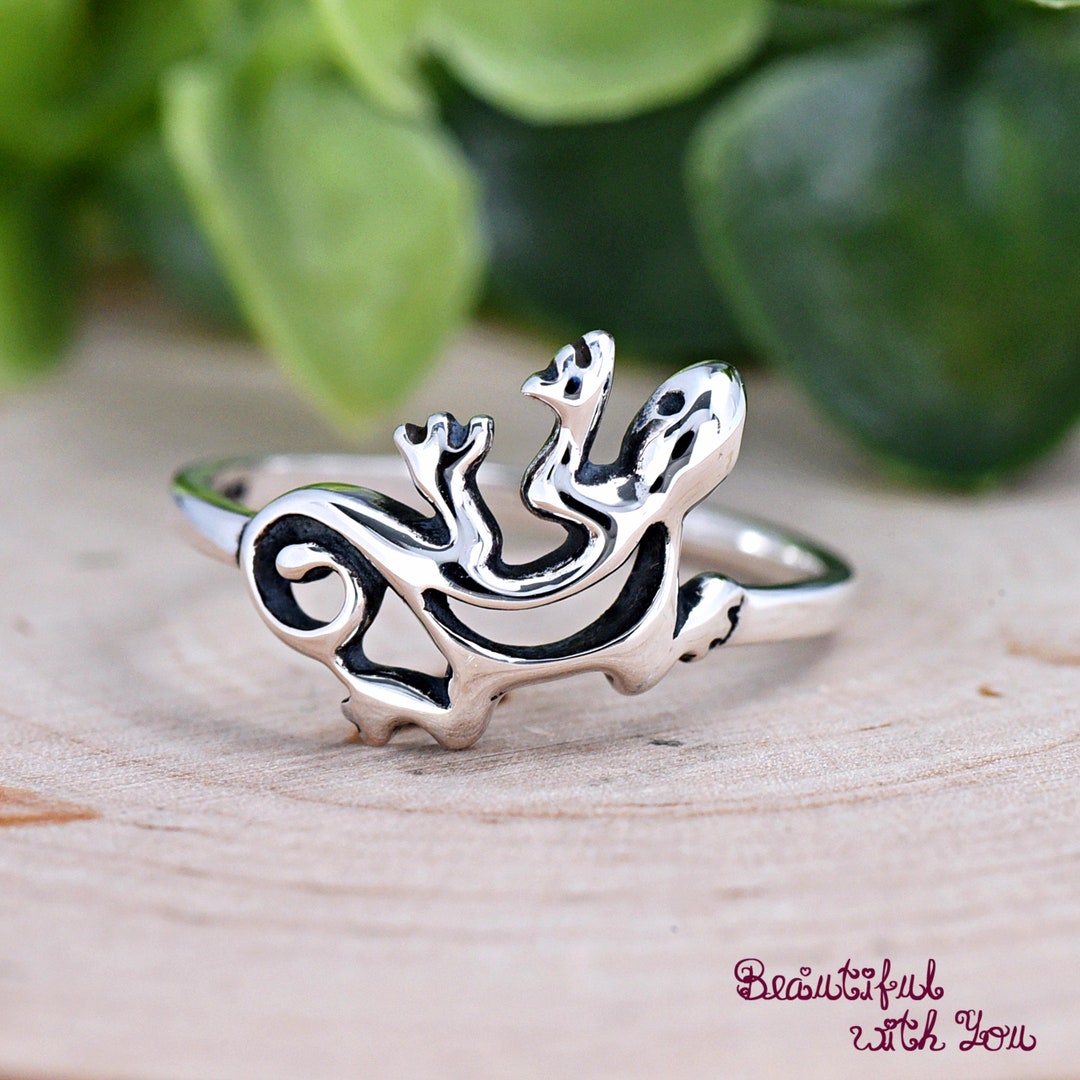 Reptiles Gecko Lizard Ring, Sideways Dainty Cute Lizard Silver Ring ...