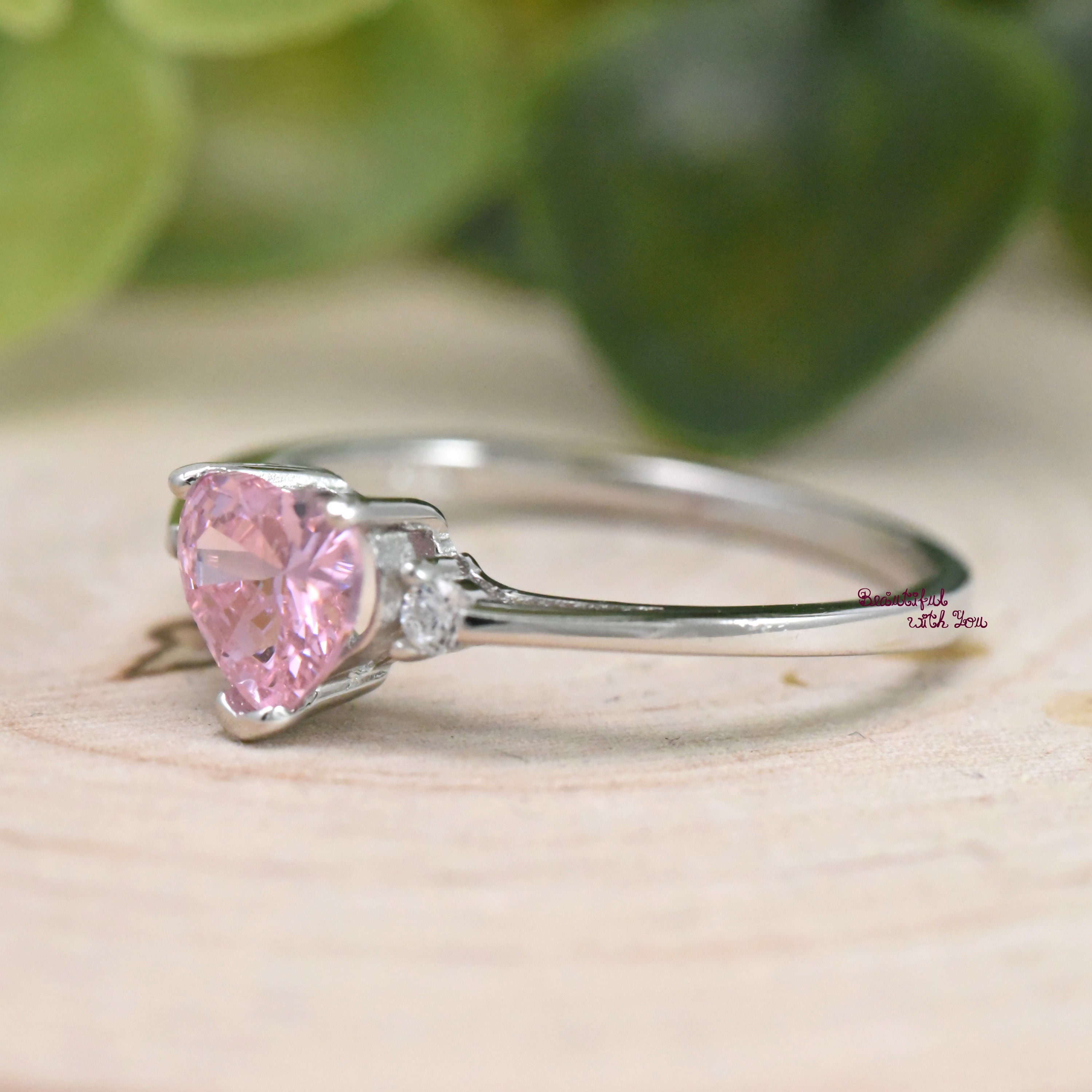October Birthstone Ring Simulated Heart Pink Cubic Zirconia - Etsy