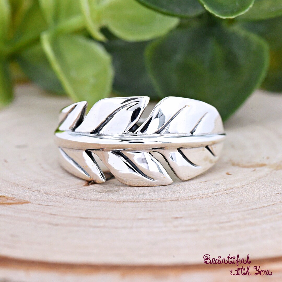 High Polished 925 Sterling Silver Leaf Ring, Nature Ring, Sideways ...