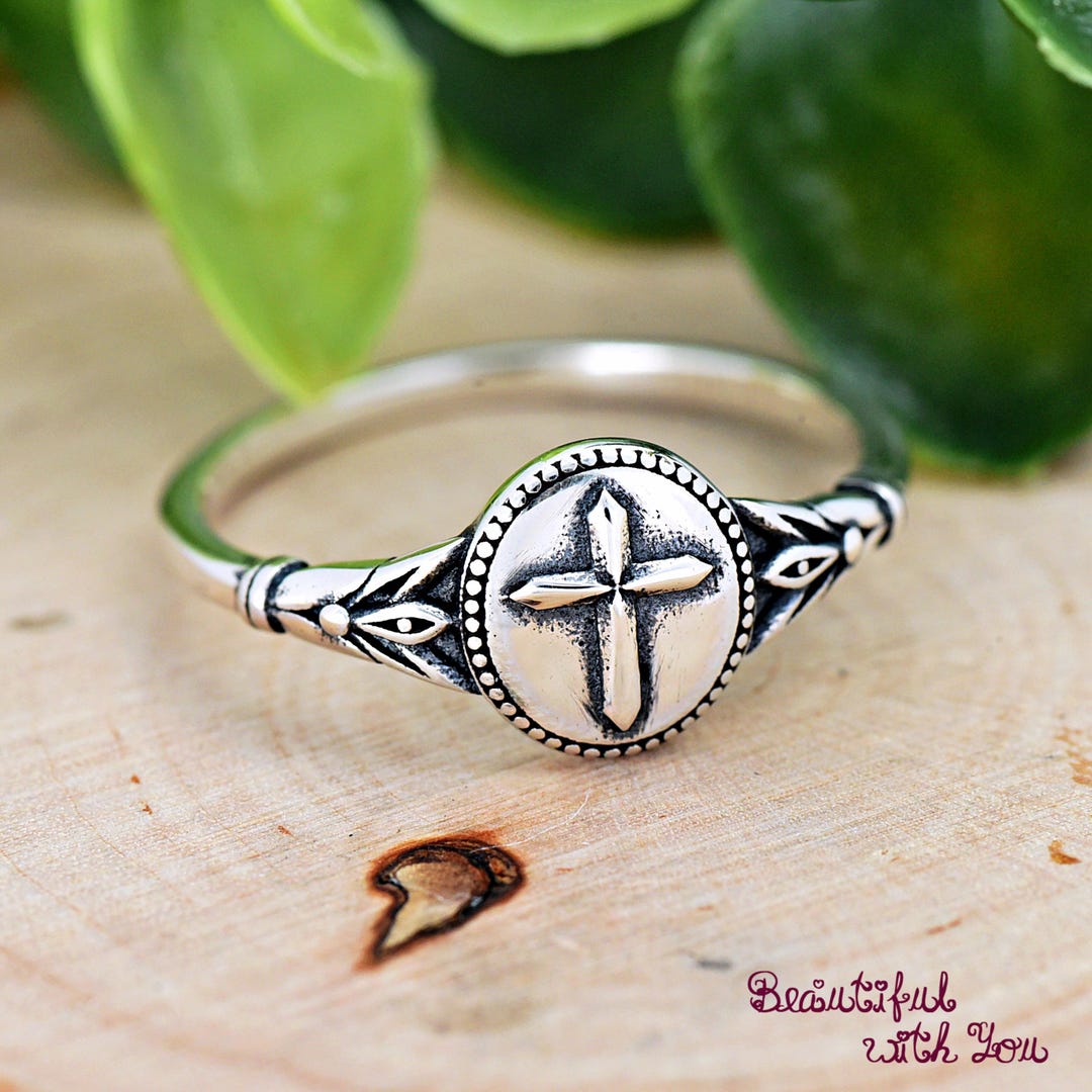 Delicate Bead Ball Around Signet Style Cross Ring, Vintage Style Solid ...