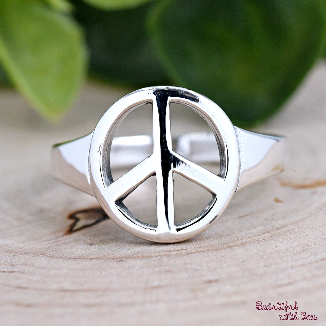 Minimalism Peace Sign High Polish Silver Ring, Womens Simple Peace Ring ...