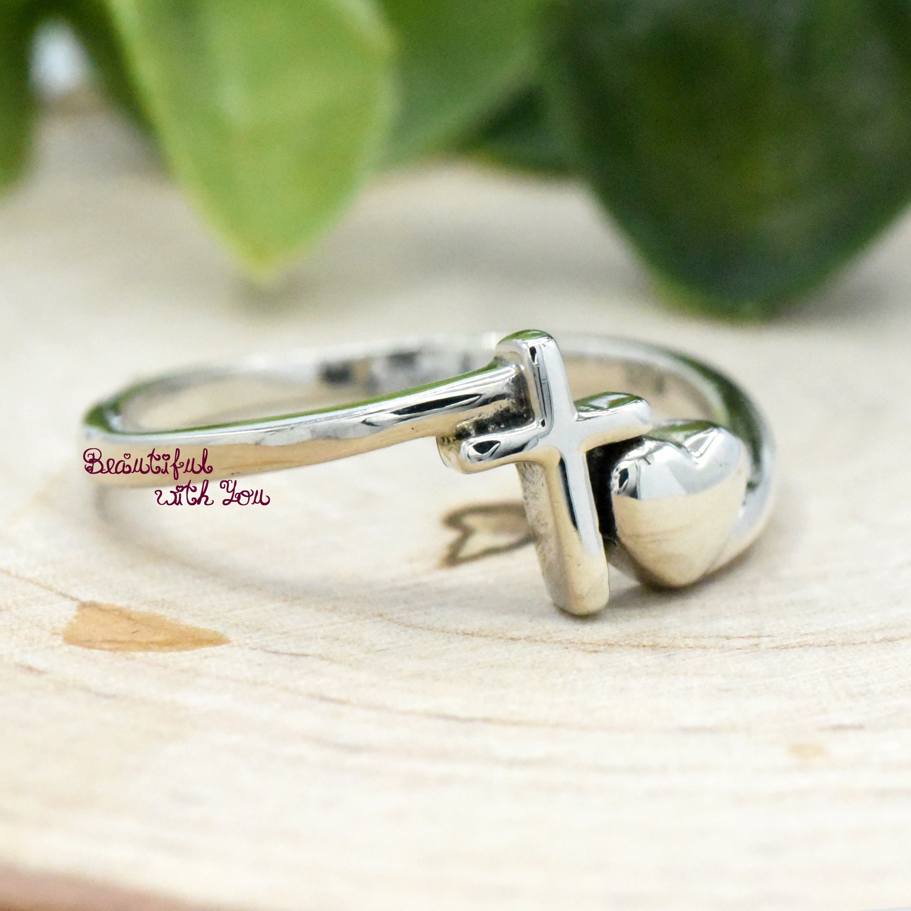 Bypass Style Vertical Cross With Heart Silver Ring, Christianity Cross ...