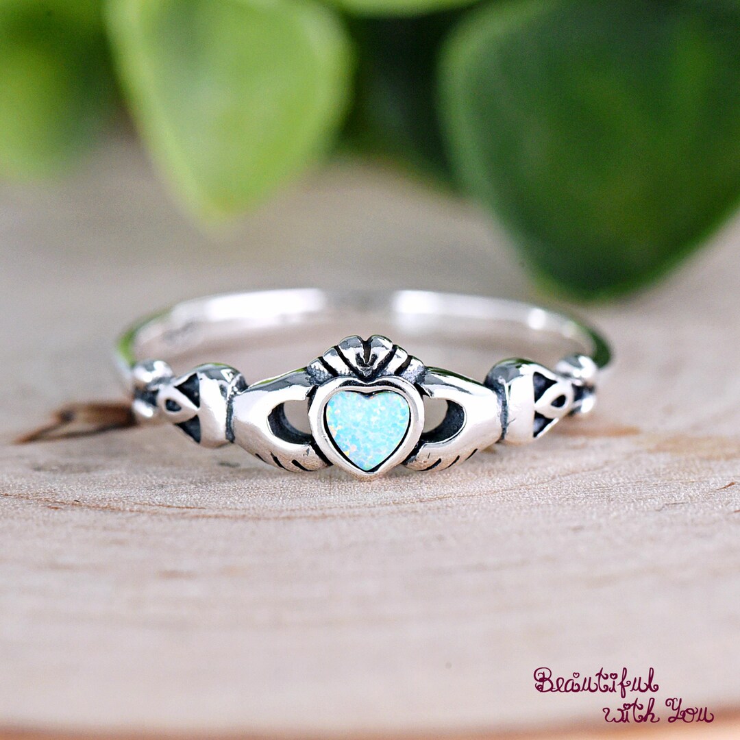 Sterling Silver Minimalist Tiny Heart Opal Bezel Set Claddagh Hands ...