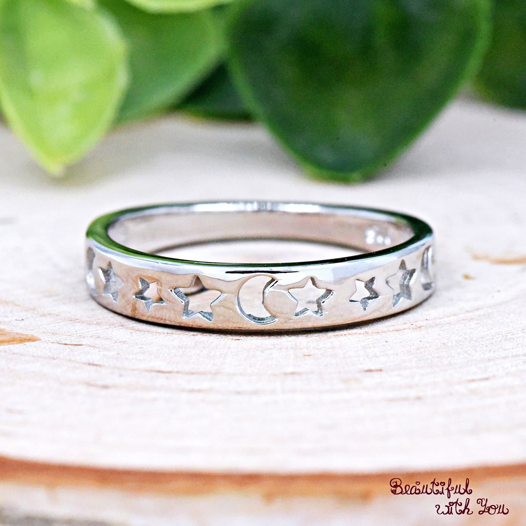 Crescent Moon Stars Cut Out Silver Band, Solid 925 Sterling Silver ...
