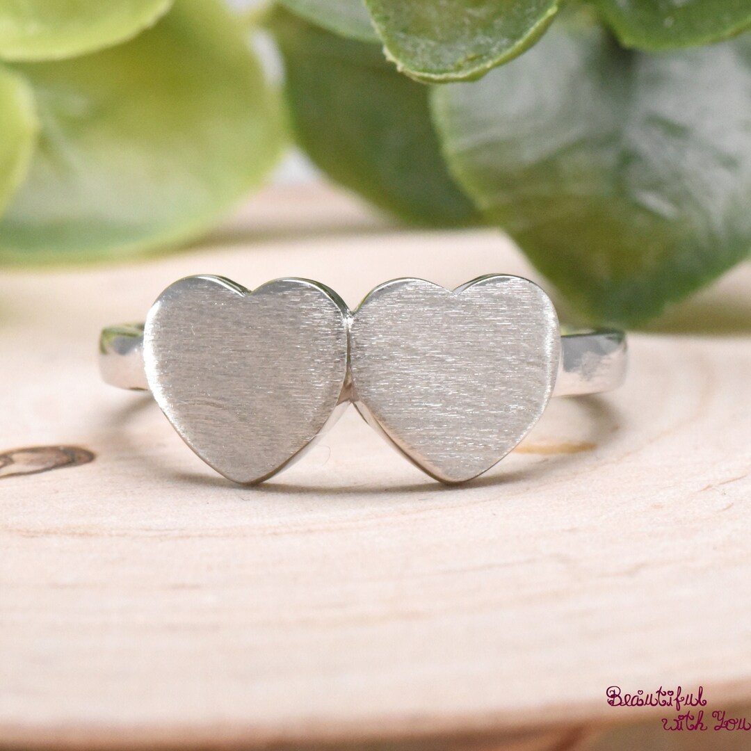 Double Hearts Dainty Love Ring, Sterling Silver Brushed Heart Ring ...
