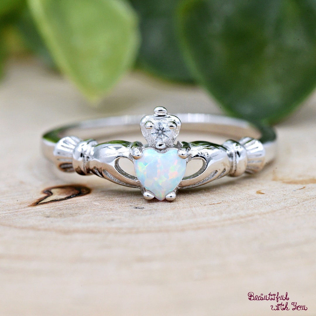 Sterling Silver Minimalist 4mm Heart Opal Claddagh Crown Hands Ring ...