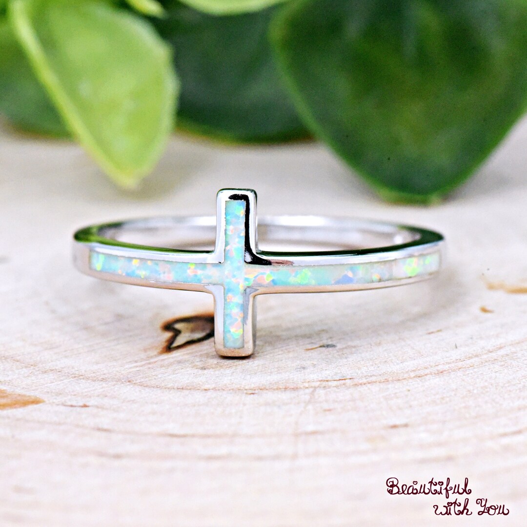 Dainty Opal Inlay Sideways Cross Silver Ring, Opal Cross Ring, 925 ...