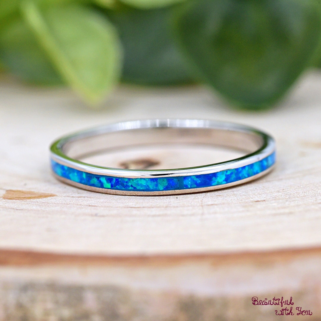 Blue Opal Thin Eternity Ring | 925 Sterling Silver 2mm Eternity Created ...