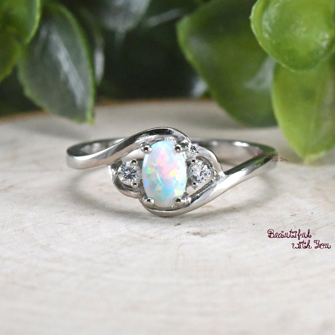 Opal Ring, Womens Fire White Opal Ring Silver, Dainty Bypass Opal ...