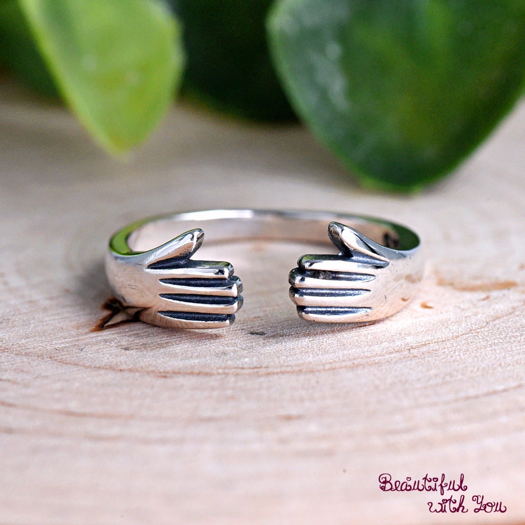 Minimalist Open Hands Hug Ring. Solid 925 Sterling Silver Adjustable ...