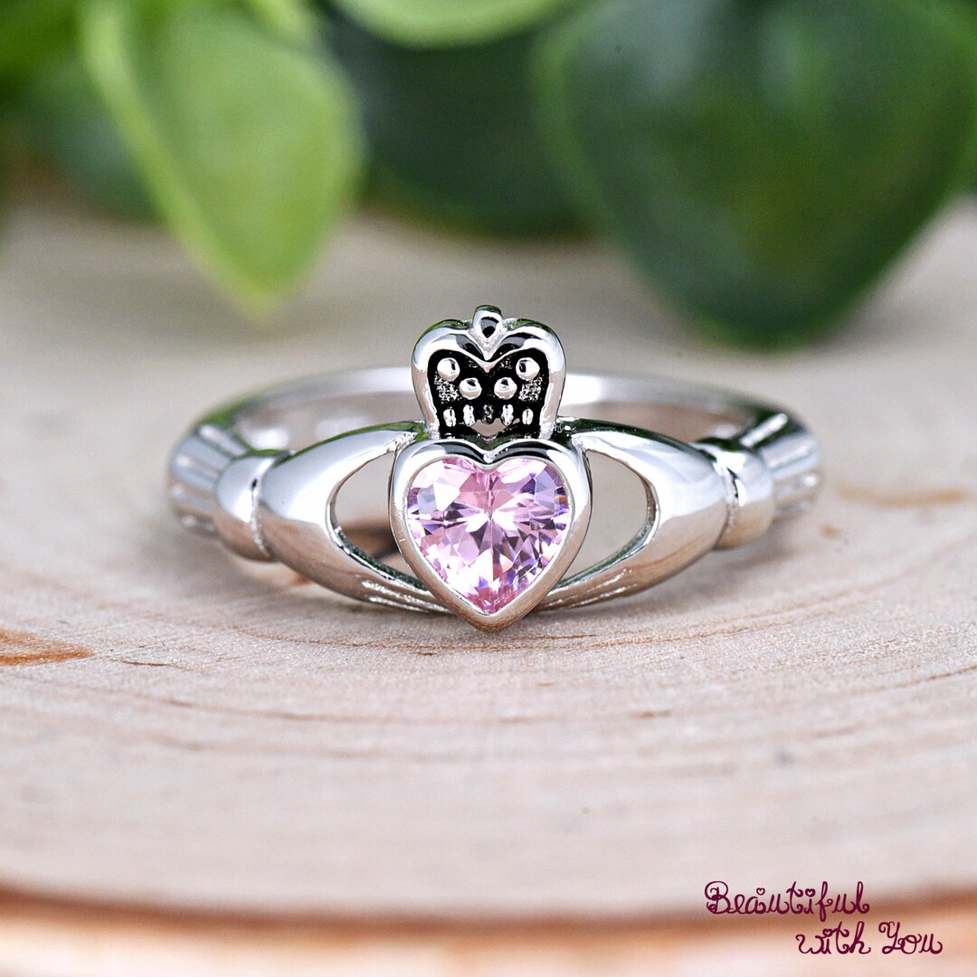 Pink CZ Heart Claddagh Ring: Sterling Silver October Birthstone - Etsy