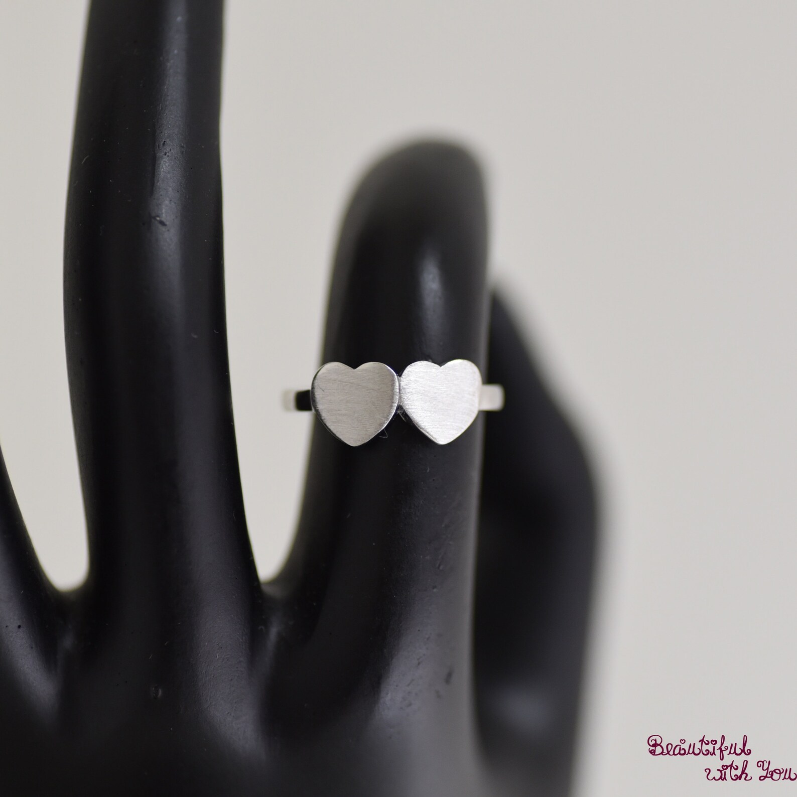 Double Hearts Dainty Love Ring Sterling Silver Brushed Heart - Etsy