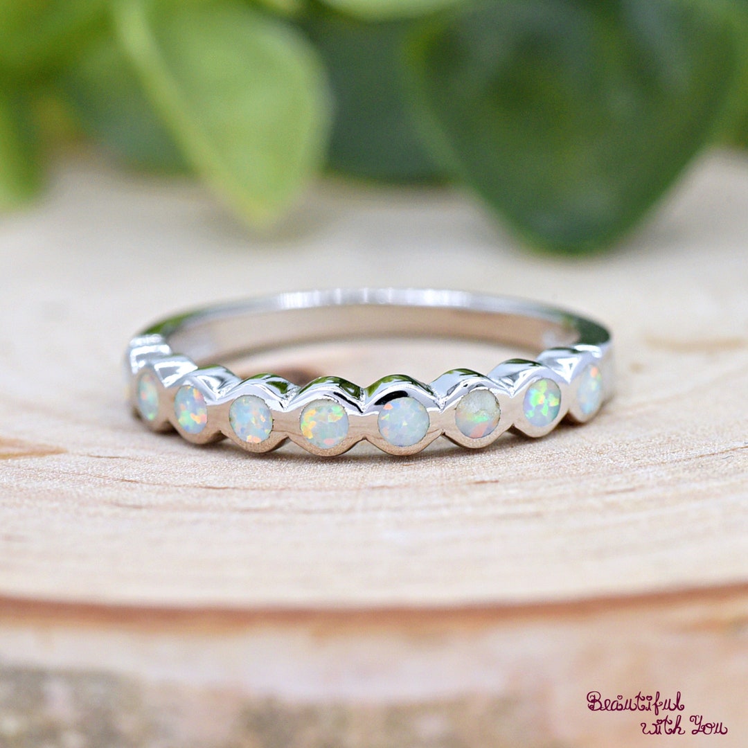 Solid 925 Sterling Silver Round Bubble Opal Inlay Half Eternity Band ...