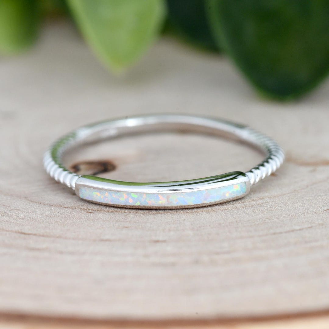 Thin Opal Bar Inlay Rope Side Silver Ring, Women's Engagement Ring ...