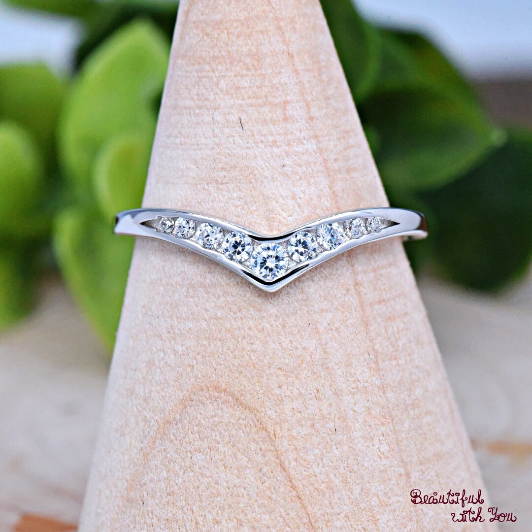 Sterling Silver Wishbone CZ Ring, Womens Low Profile V Shape 9 Cubic ...