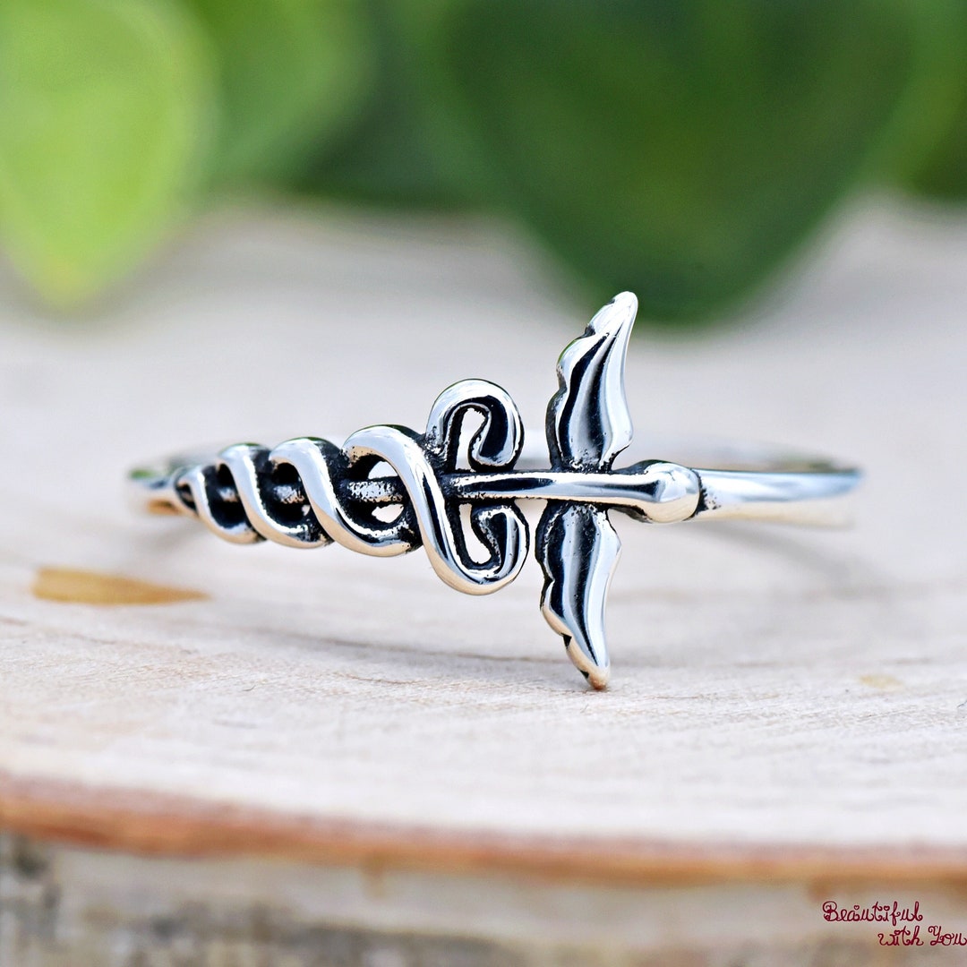 Caduceus Staff Ring, Two Serpents With Wings Greek Myth Caduceus Staff Ring, Symbol of Medicine ...
