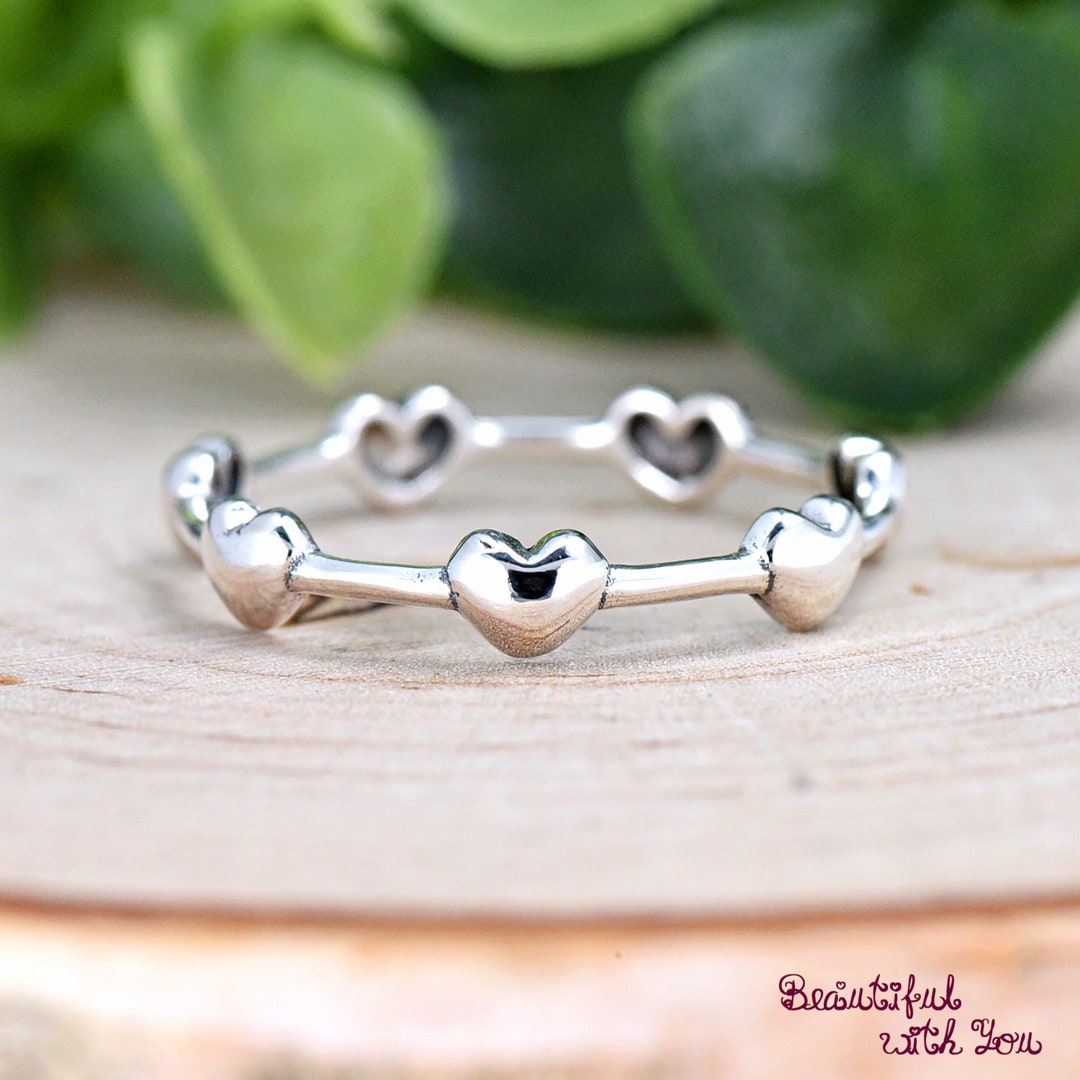 Heart Eternity Ring, Heart Chain Silver Ring, Solid 925 Sterling Silver ...