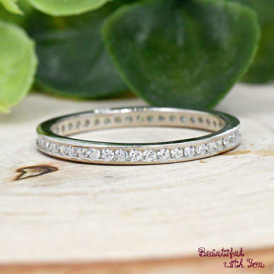 2mm Thin Sterling Silver Round Cubic Zirconia Channel Set Eternity Band ...