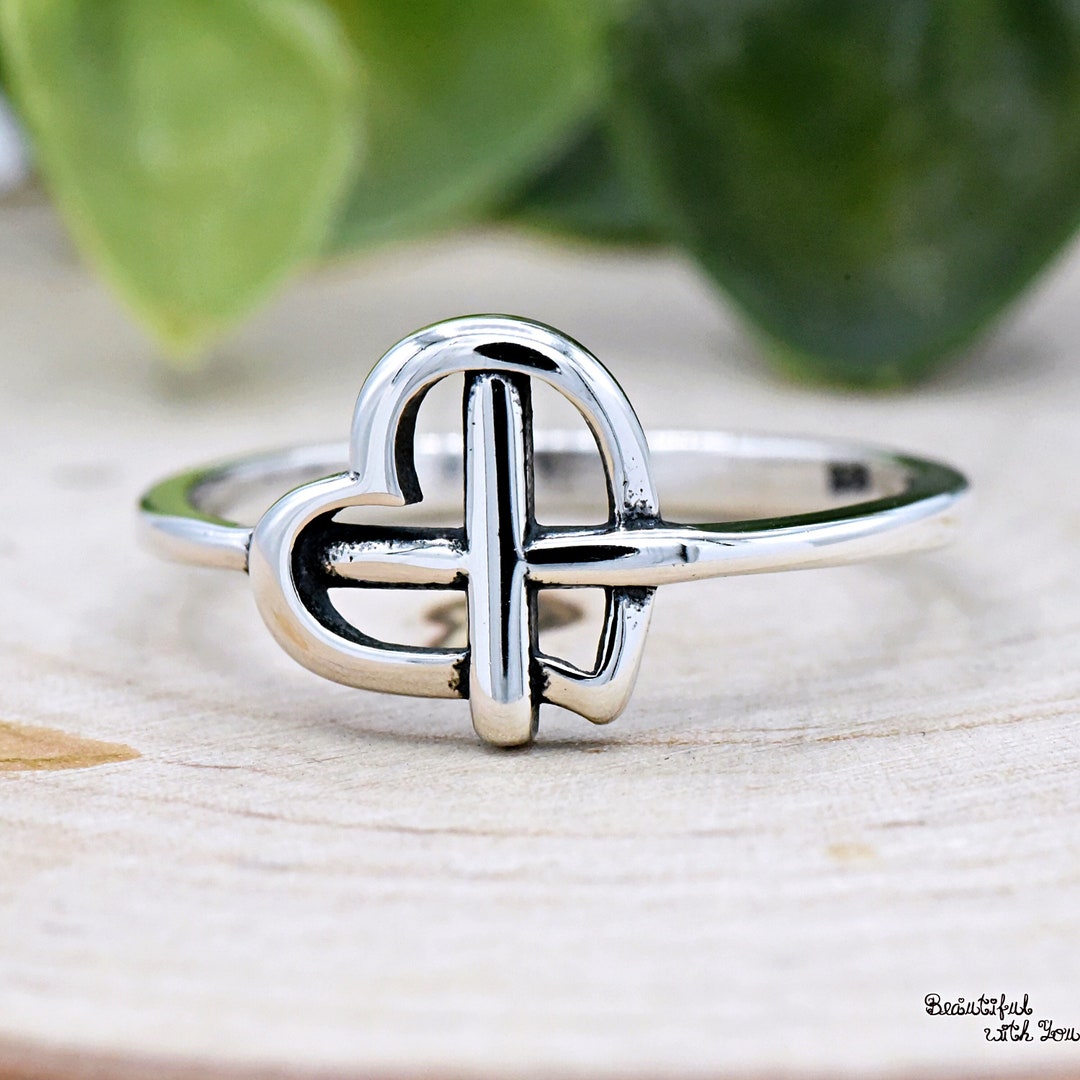 Sideways Cross With Heart Ring, Solid 925 Sterling Silver Cross & Heart ...