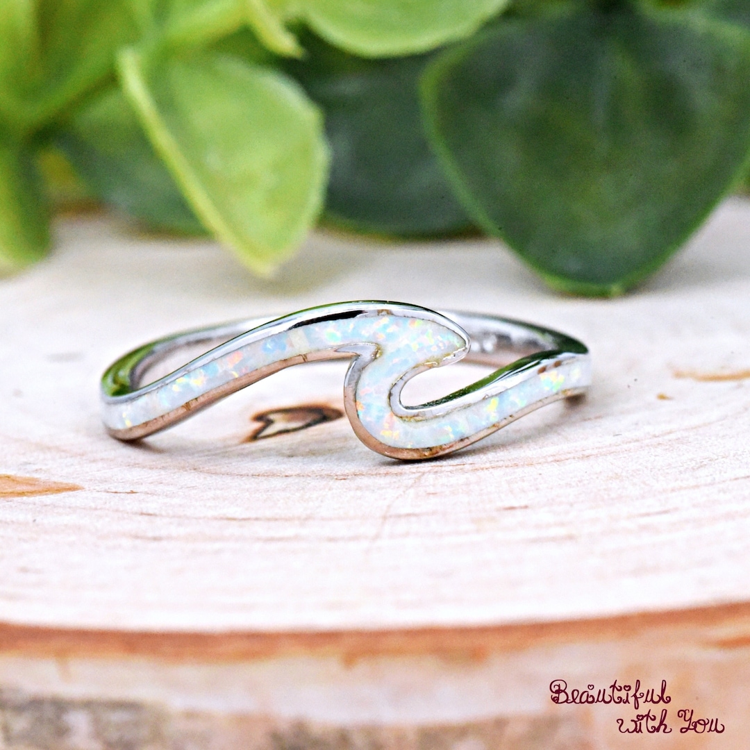 Opal Wave Ring, Nautical Ocean Waves Silver Ring With Created White ...