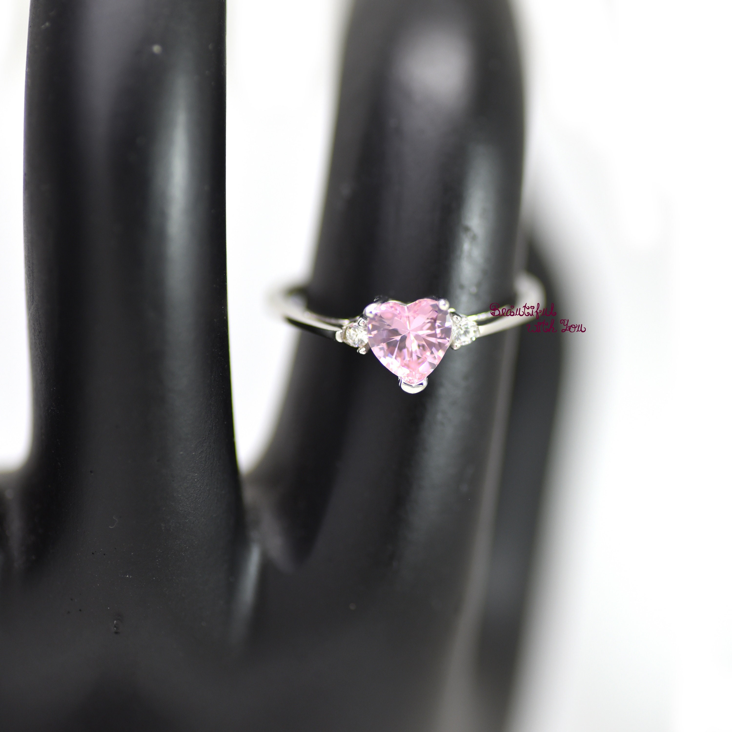 October Birthstone Ring Simulated Heart Pink Cubic Zirconia | Etsy