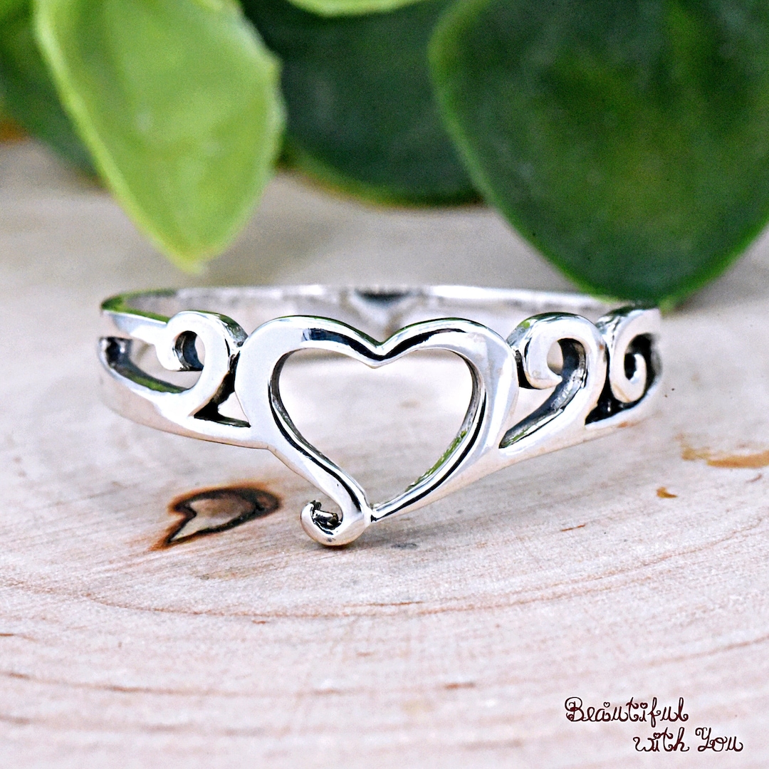 Open Heart Filigree Silver Ring | Heart Filigree Anniversary Ring ...