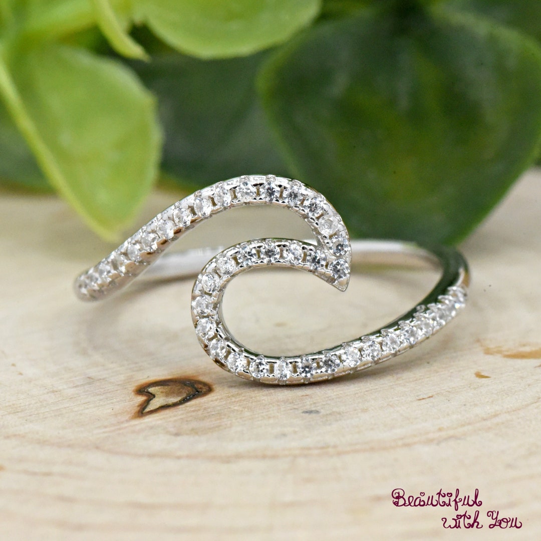 Pave Set CZ Wave Ring, Wave Ring Womens, Surfers Oceans Nautical Ring ...