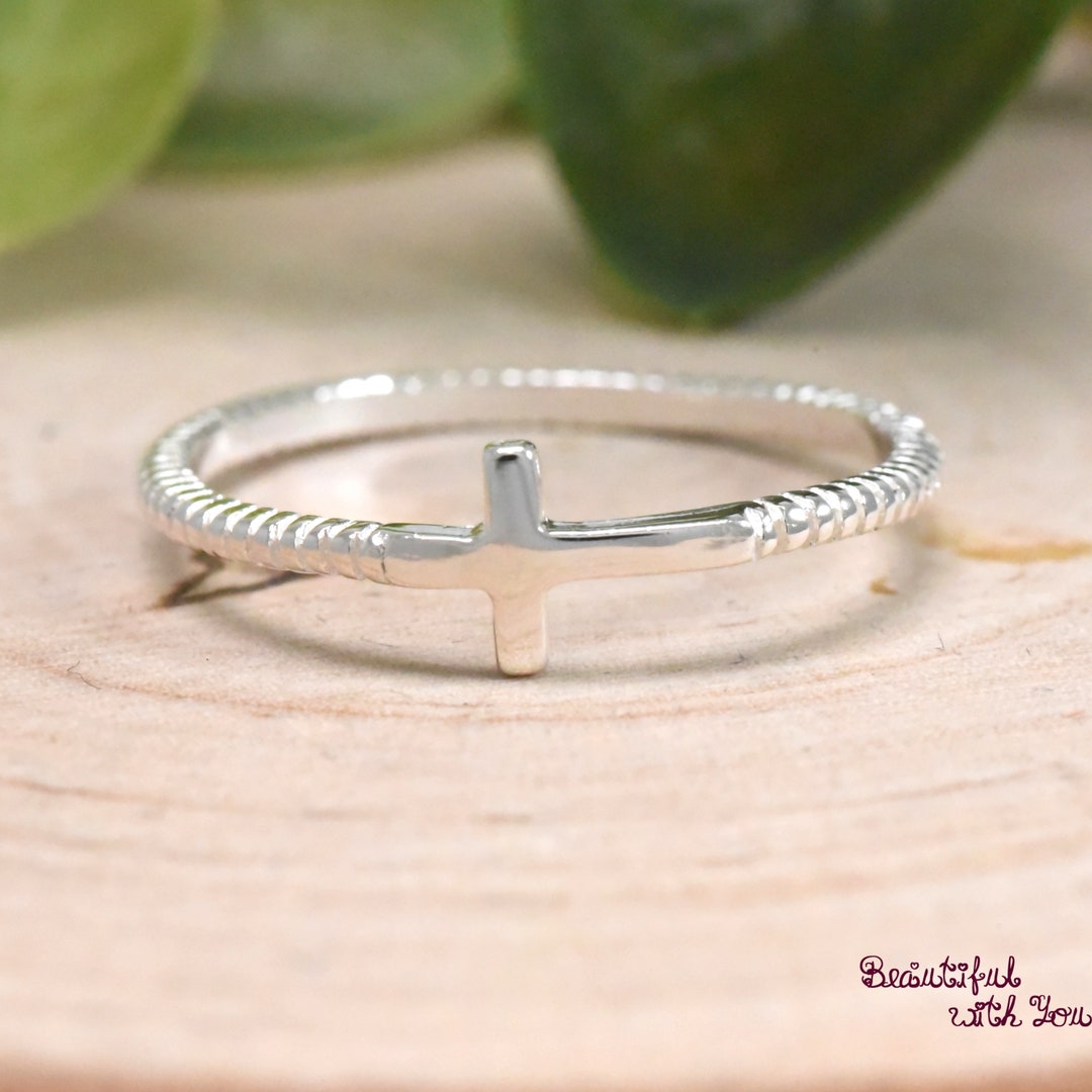 Sideways Cross Ring, Sterling Silver Cross Bead Ring, Womens Girls ...
