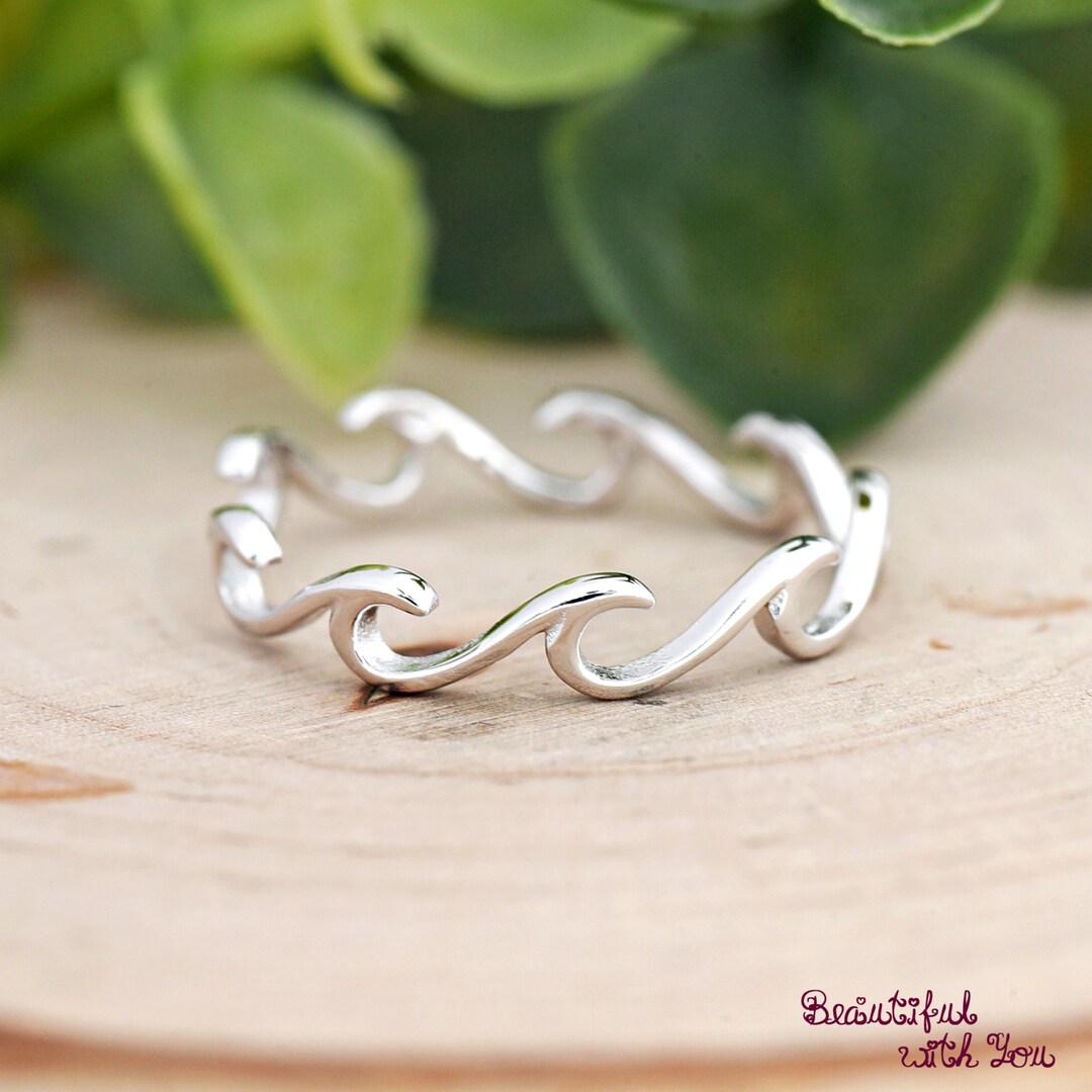 Solid 925 Sterling Silver Ocean Tide Wavy Eternity Ring, Summer Beach ...