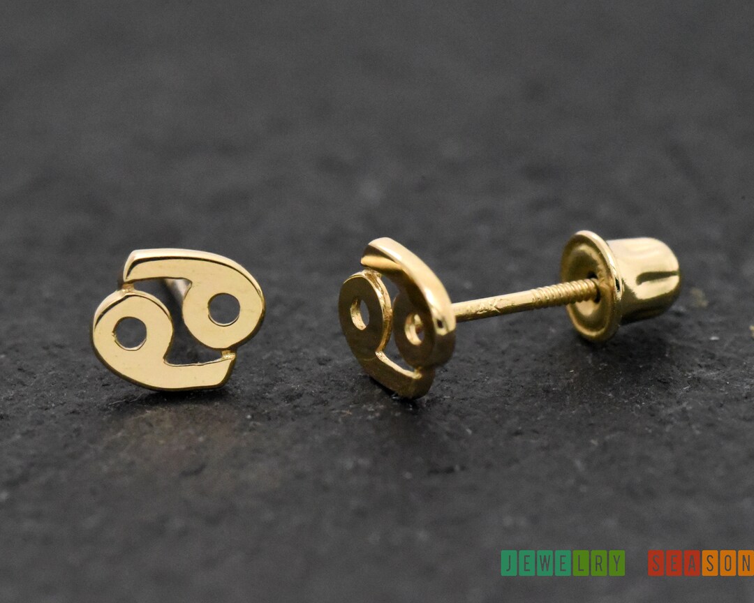 Cancer Zodiac Sign Earrings, Horoscope 14k Gold Studs Screw Back ...