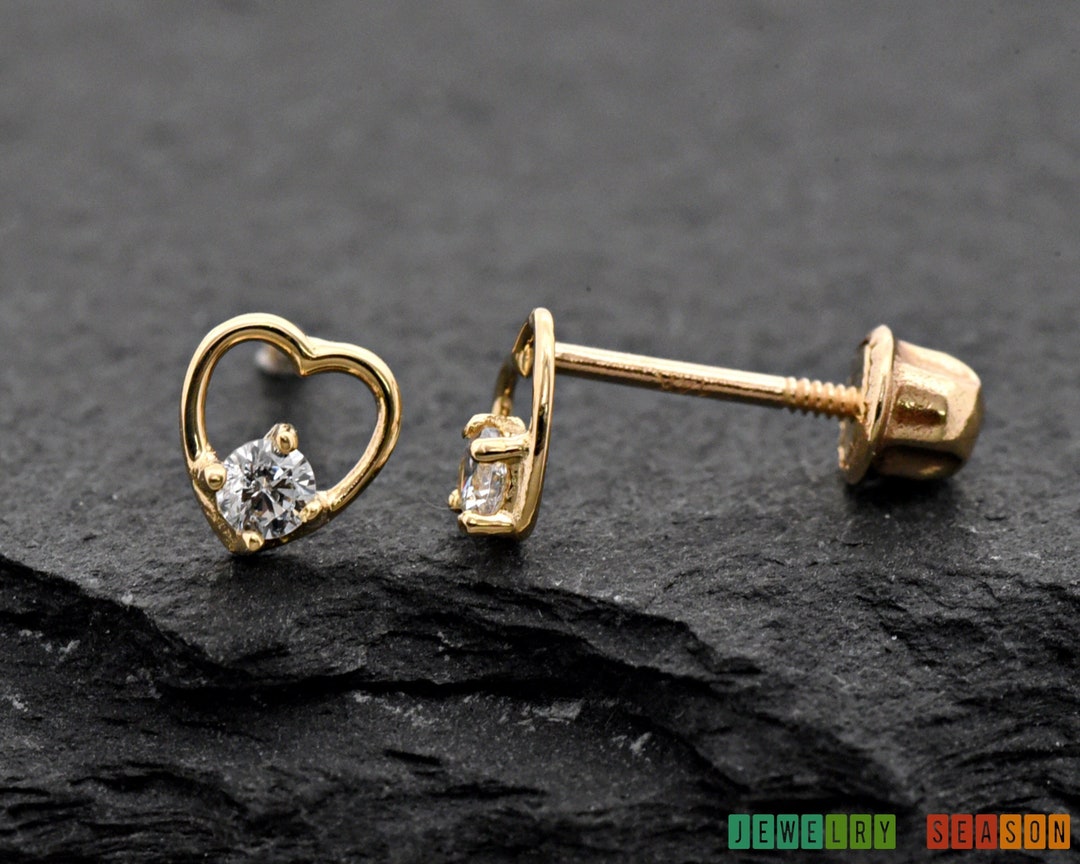 5mm Tiny Open Heart With 2mm Clear Round Cubic Zirconia 14k Yellow Gold ...