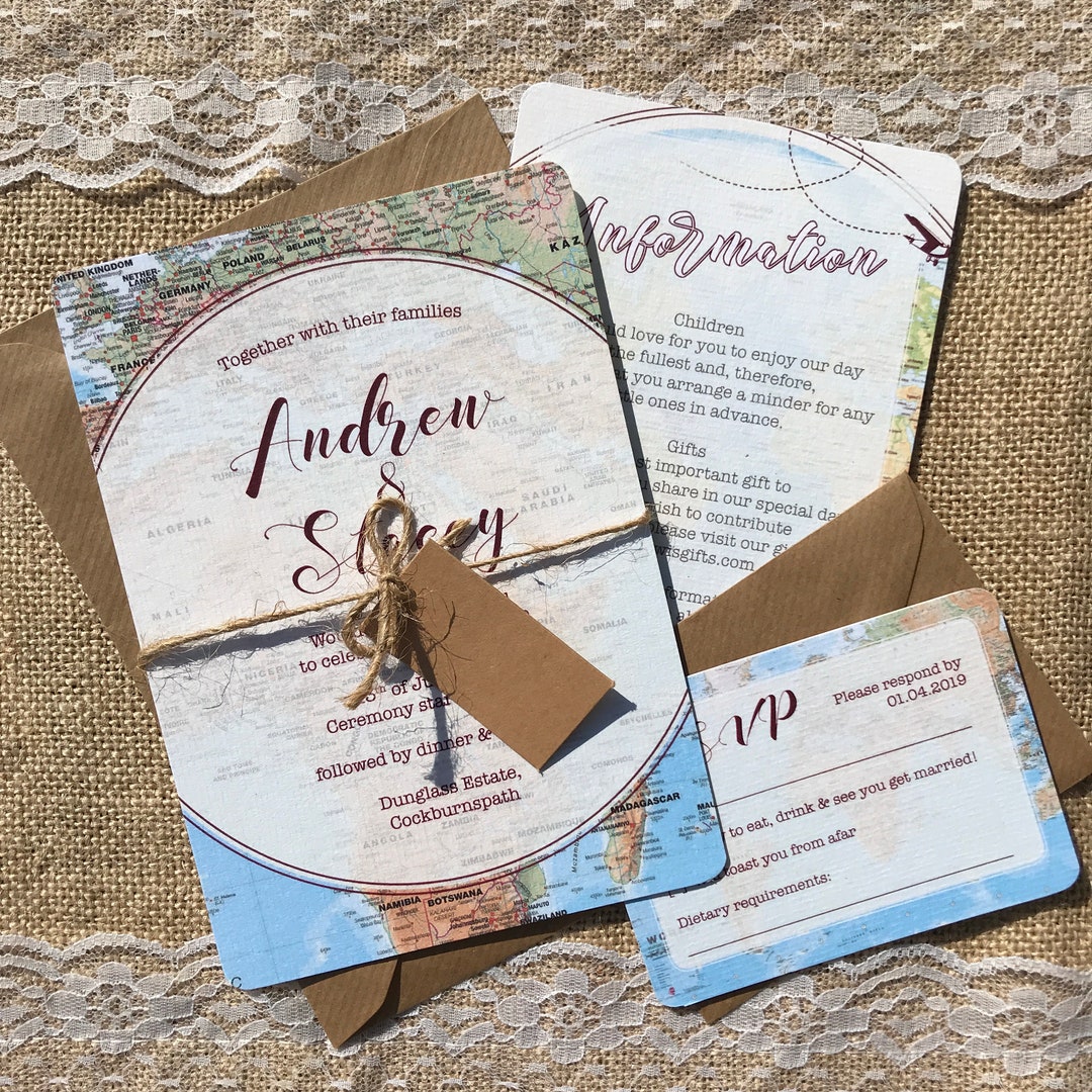 Elegant Modern Travel Maps Themed Wedding Invitation Invite Package ...