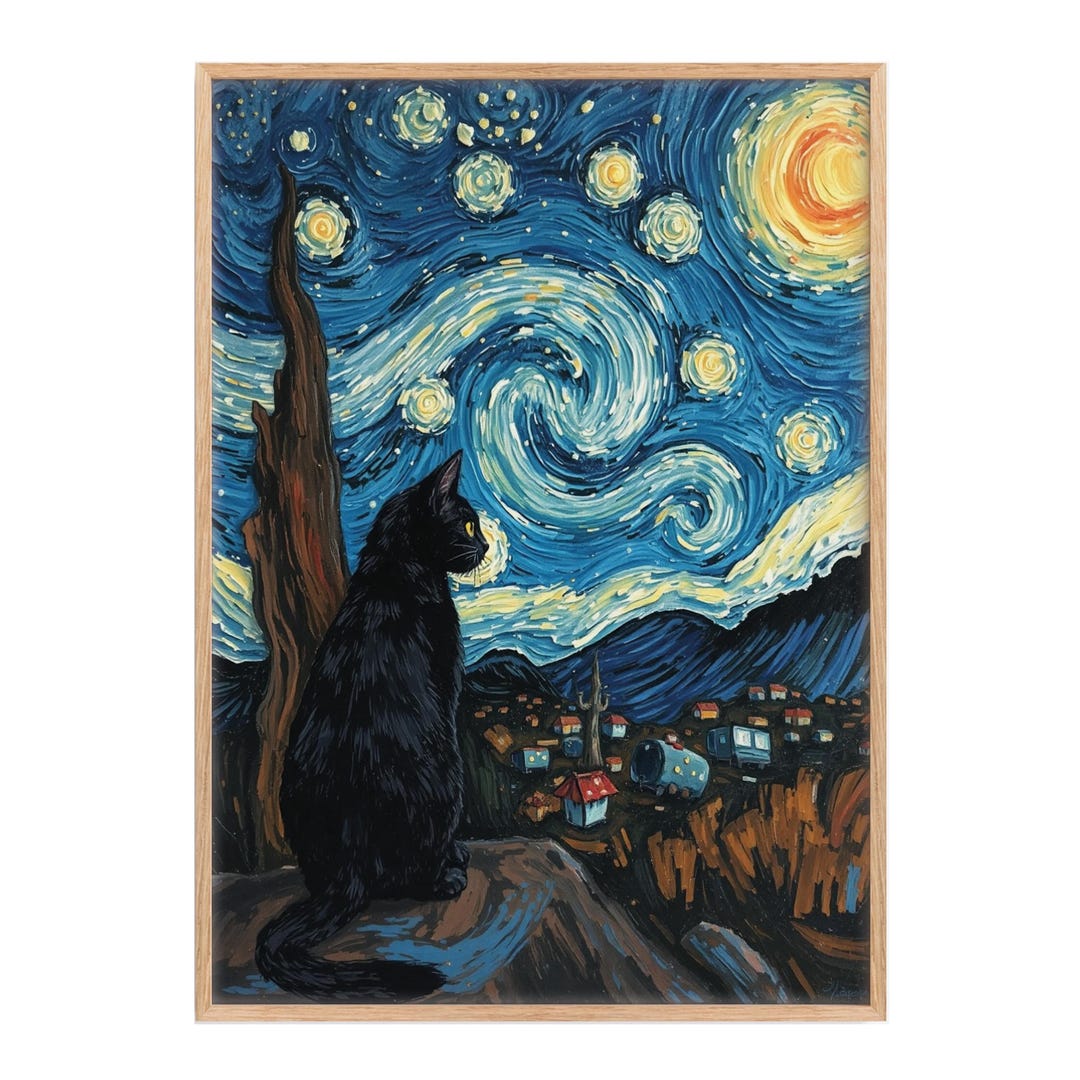Printable Black Cat in Starry Night Van Gogh Inspired Artwork, Print ...