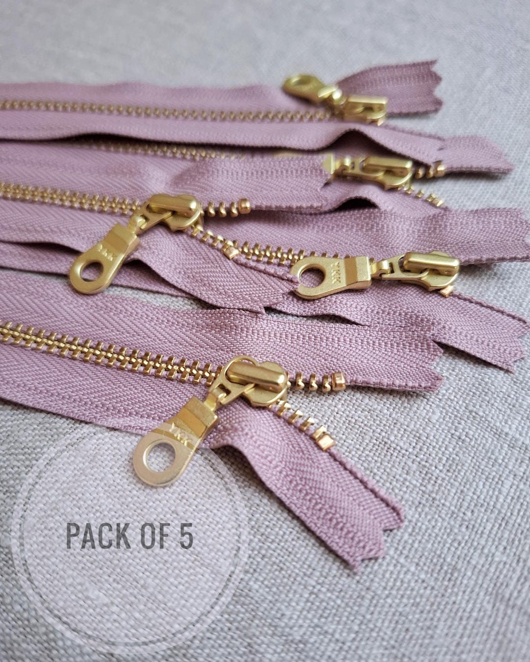 YKK Dusty Pink (221) GOLD Donut Pull Zippers Pack of 5 Closed End Zips ...