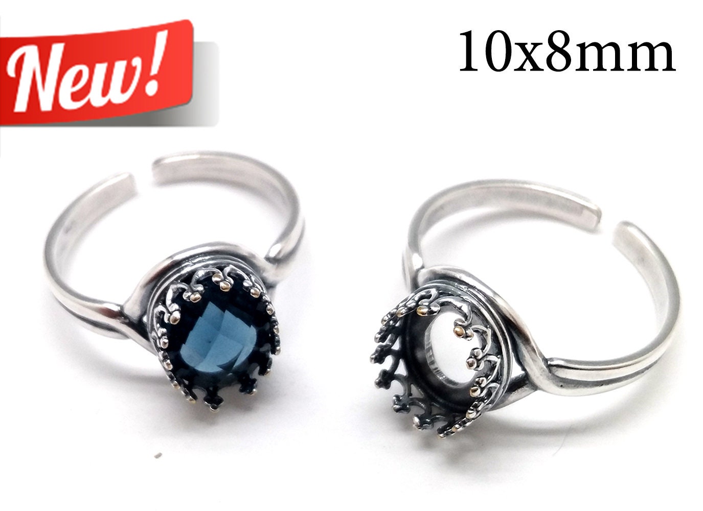 1pc Sterling Silver Oval Adjustable Ring, Bezel Cup 10x8mm, Crown Bezel ...