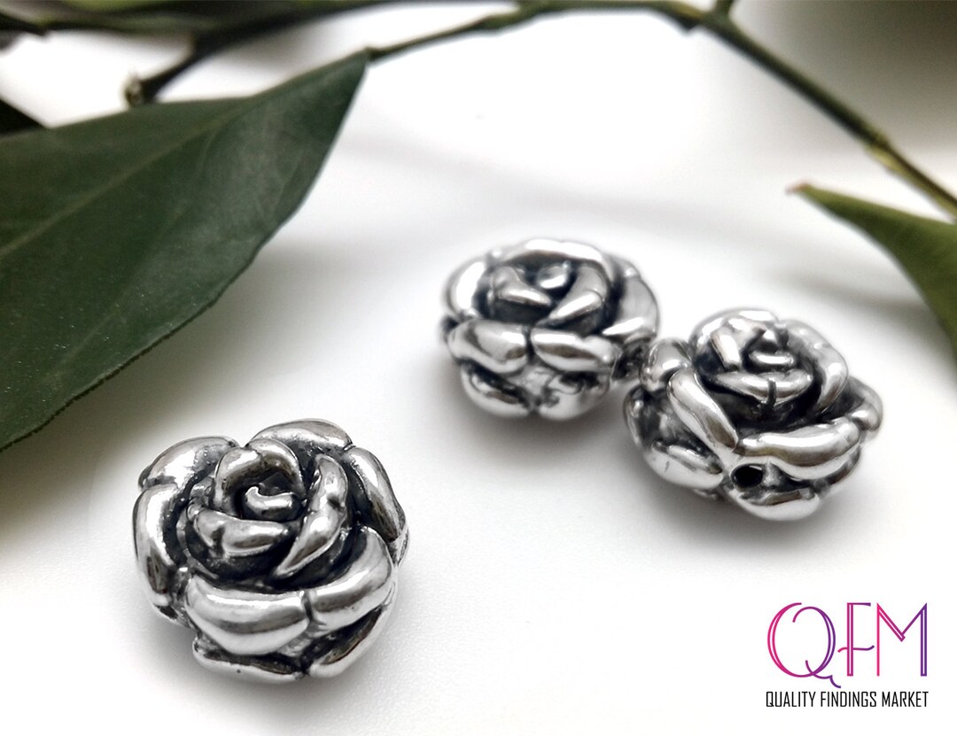 2pcs Hollow Rose Beads Antique Sterling Silver 925 Rose Bud Beads ...