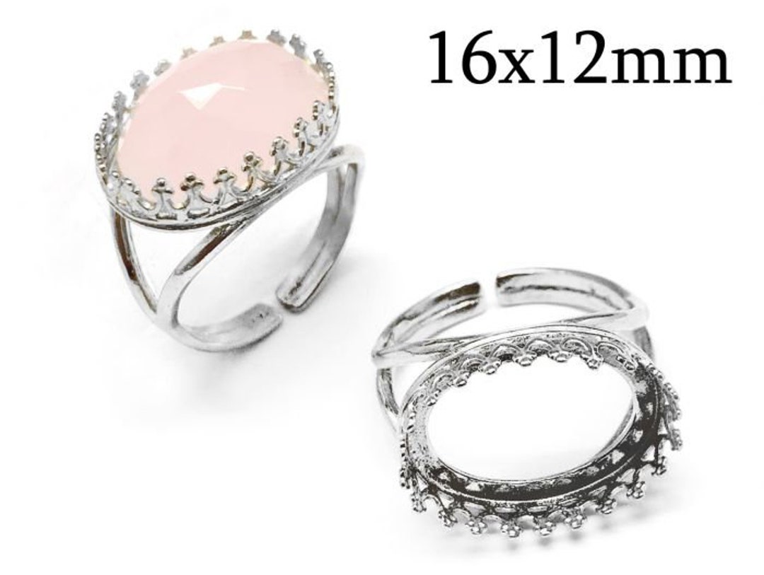 1pc Sterling Silver Oval Adjustable Ring, Bezel Cup 16x12mm, Crown ...