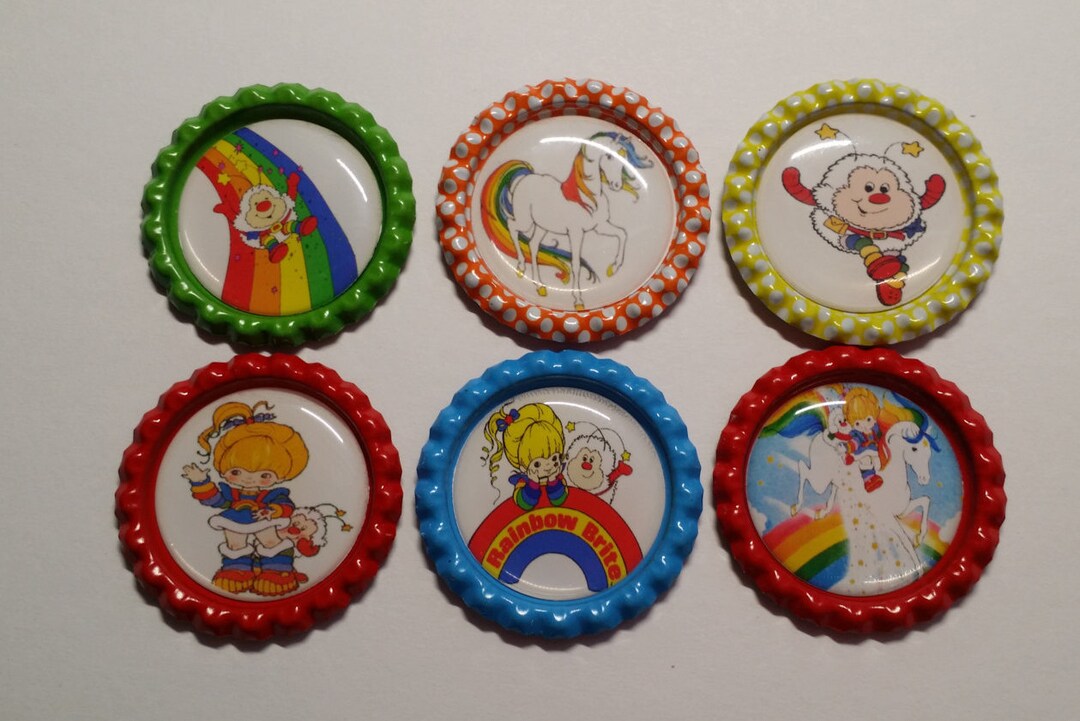 Set of 6 Rainbow Bright Themed Finished Bottle Caps - Magnets ...