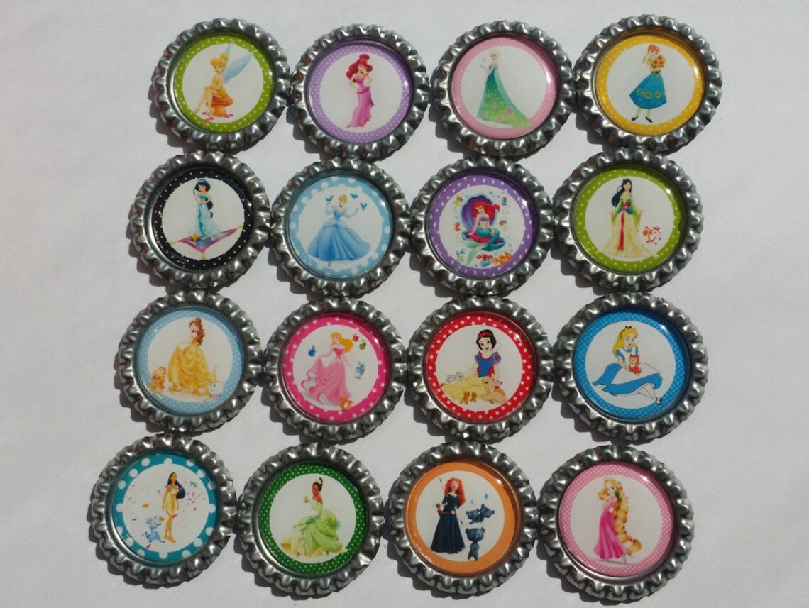 Set of 16 Disney Princess Themed Finished Bottle Caps Magnet - Etsy