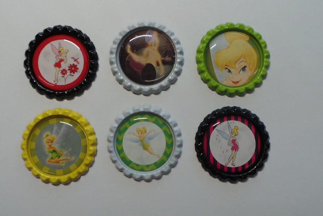 Set of 6 Disney Tinkerbell Princess Fairy Cute Finished Bottle Caps ...